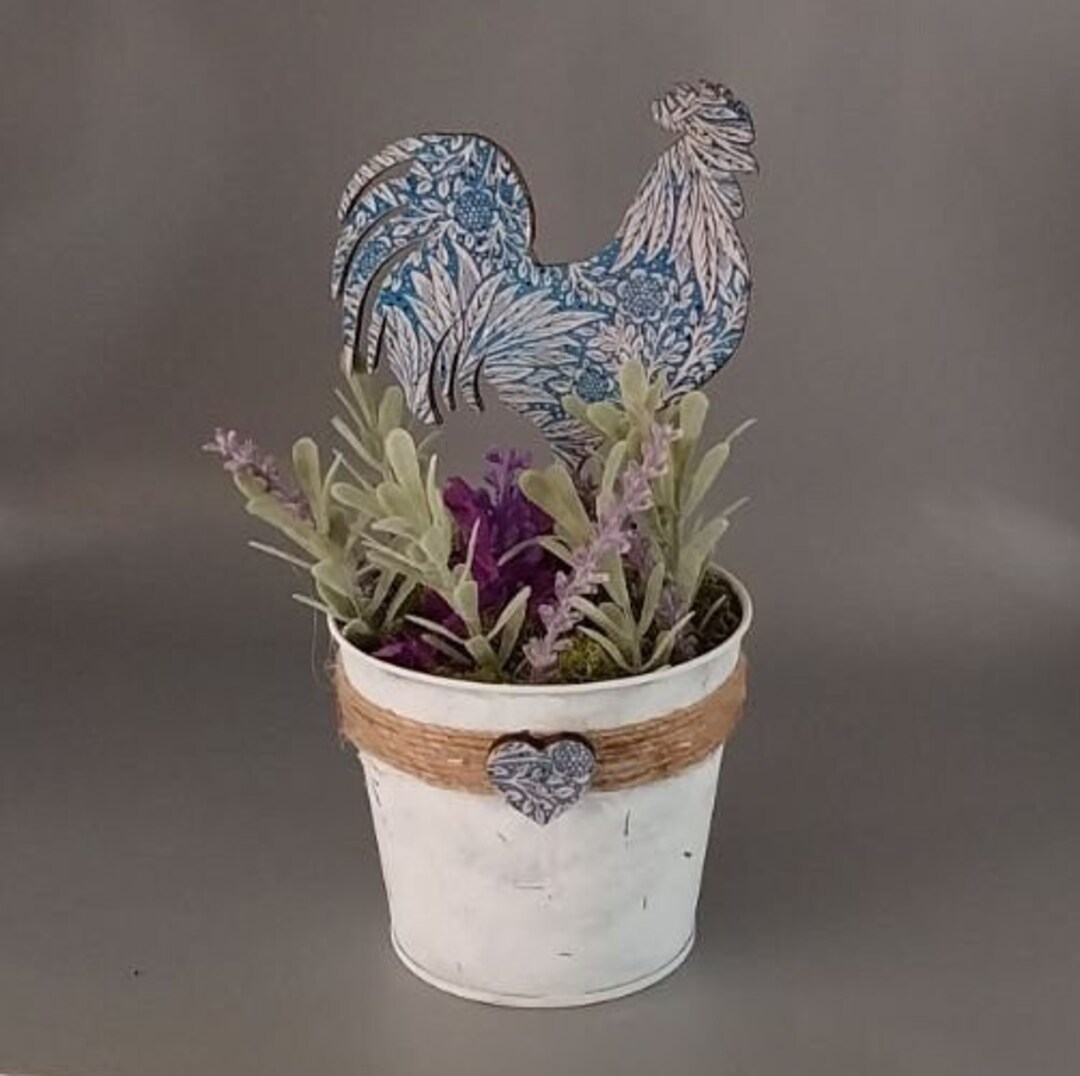 Blue Wooden Rooster in a Floral Bucket. Farmhouse Decor - Etsy
