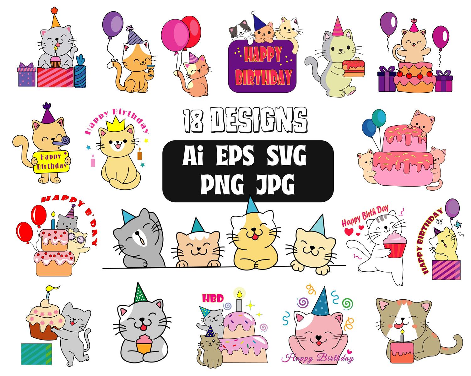 Birthday Celebrating Cats SVG, Cute Cat Vector, Birthday Cats Clipart ...