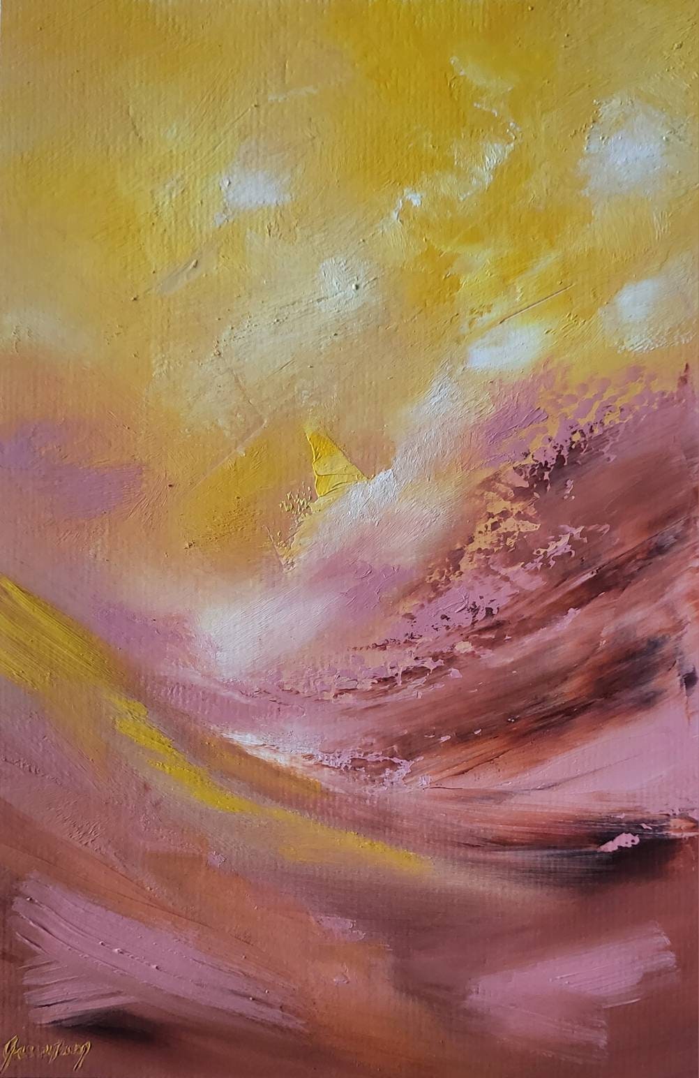 Pink and Yellow Abstract Landscape, Abstract Original Oil Painting ...