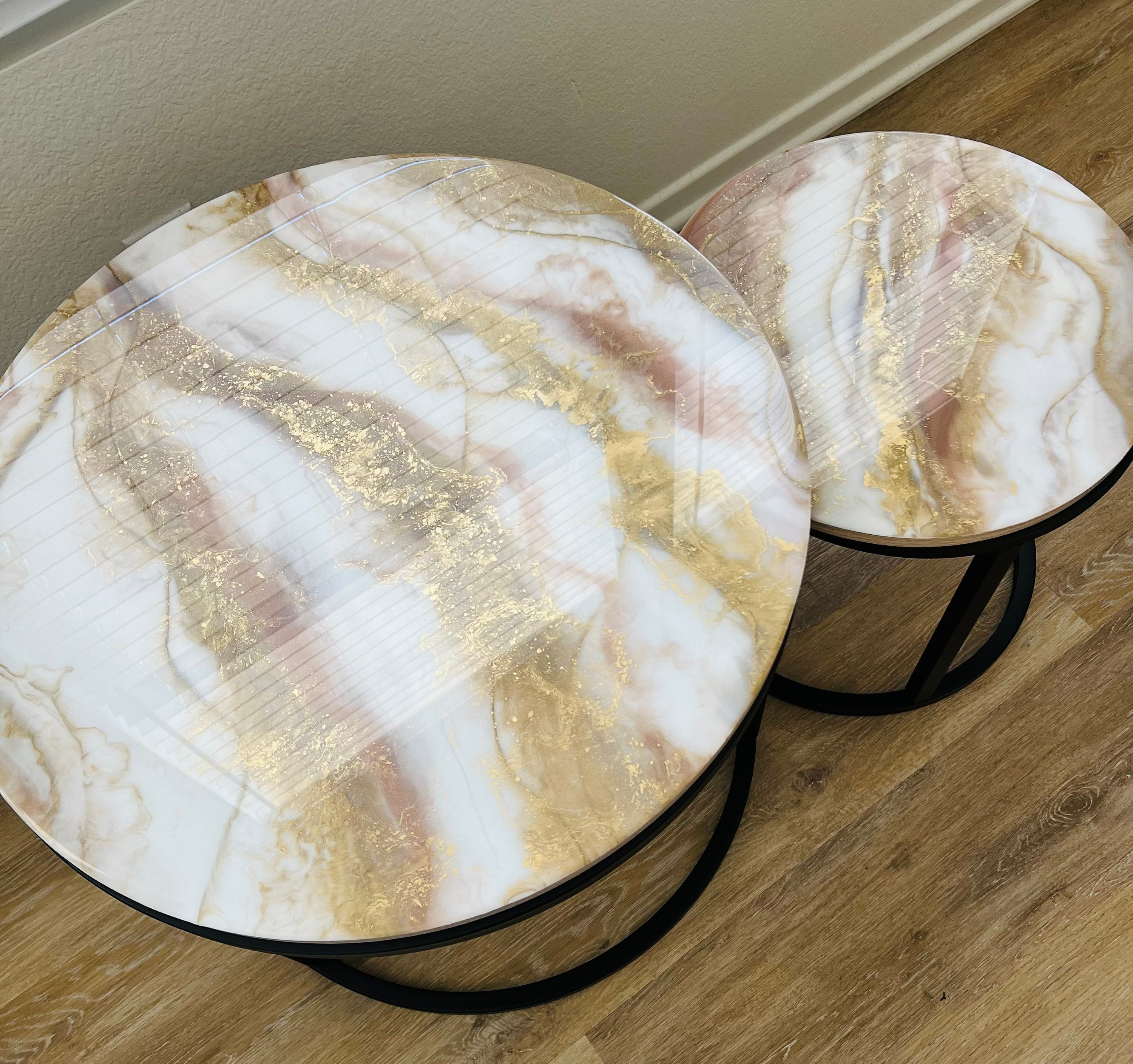 24 & 16 Set of 2 Resin Round Coffee Tables for Living Room, Wood Side ...