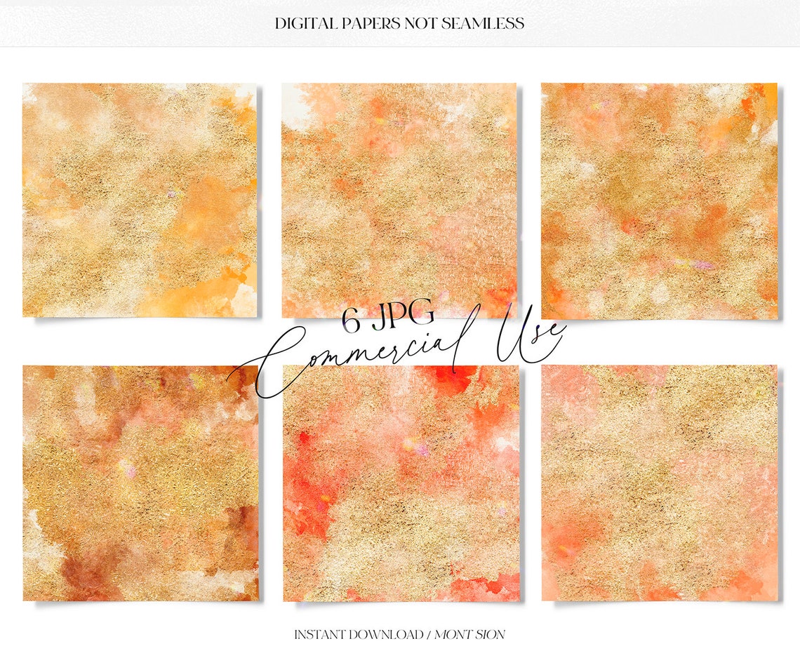 Watercolor Gold Glitter Digital Paper, Orange/gold Background, 6 JPG ...