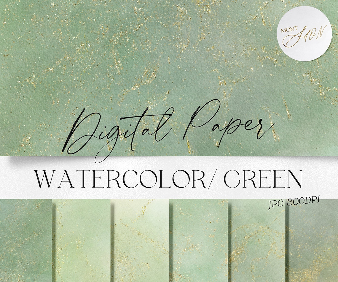 Green Watercolor Digital Paper, Green and Gold Glitter Background, 6 ...