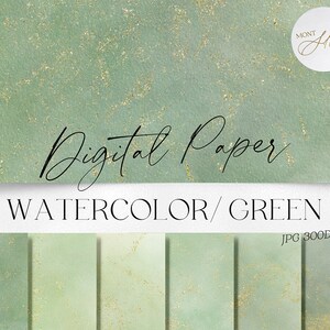Green Watercolor Digital Paper, Green and Gold Glitter Background, 6 ...