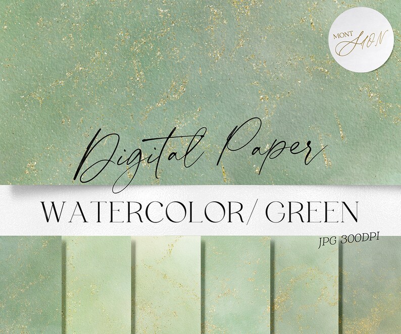 Green Watercolor Digital Paper, Green and Gold Glitter Background, 6 ...