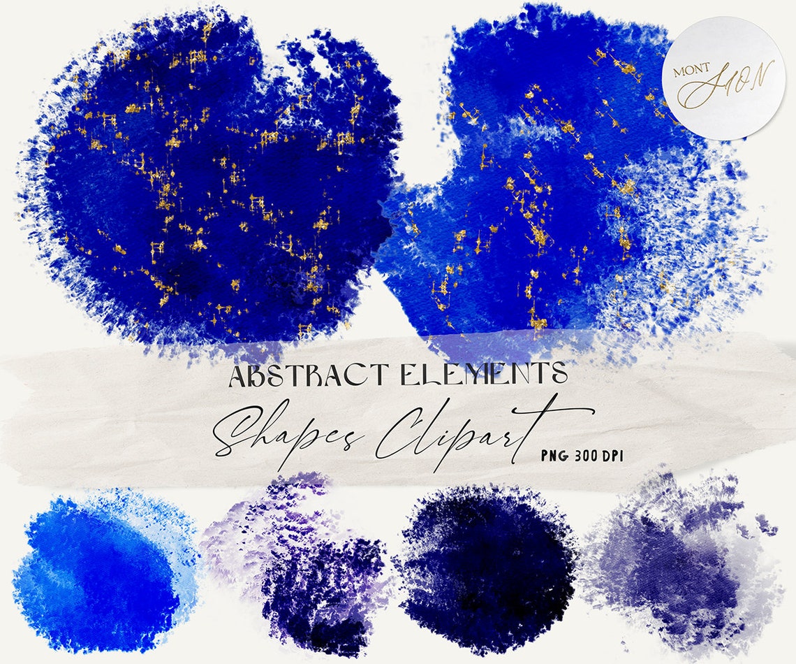 46 Abstract Watercolor Clip Art, Blue Watercolor/gold Glitter/shapes ...
