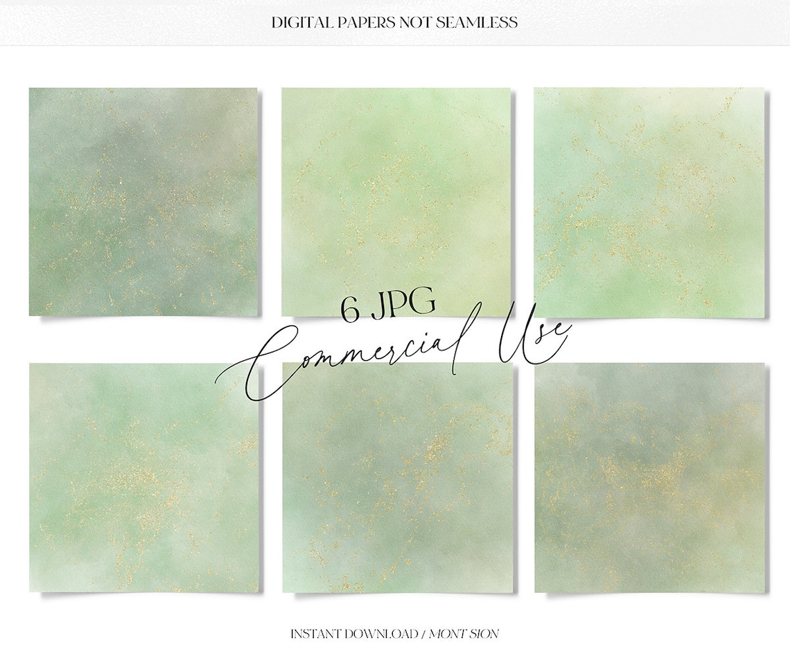 Green Watercolor Digital Paper, Green and Gold Glitter Background, 6 ...