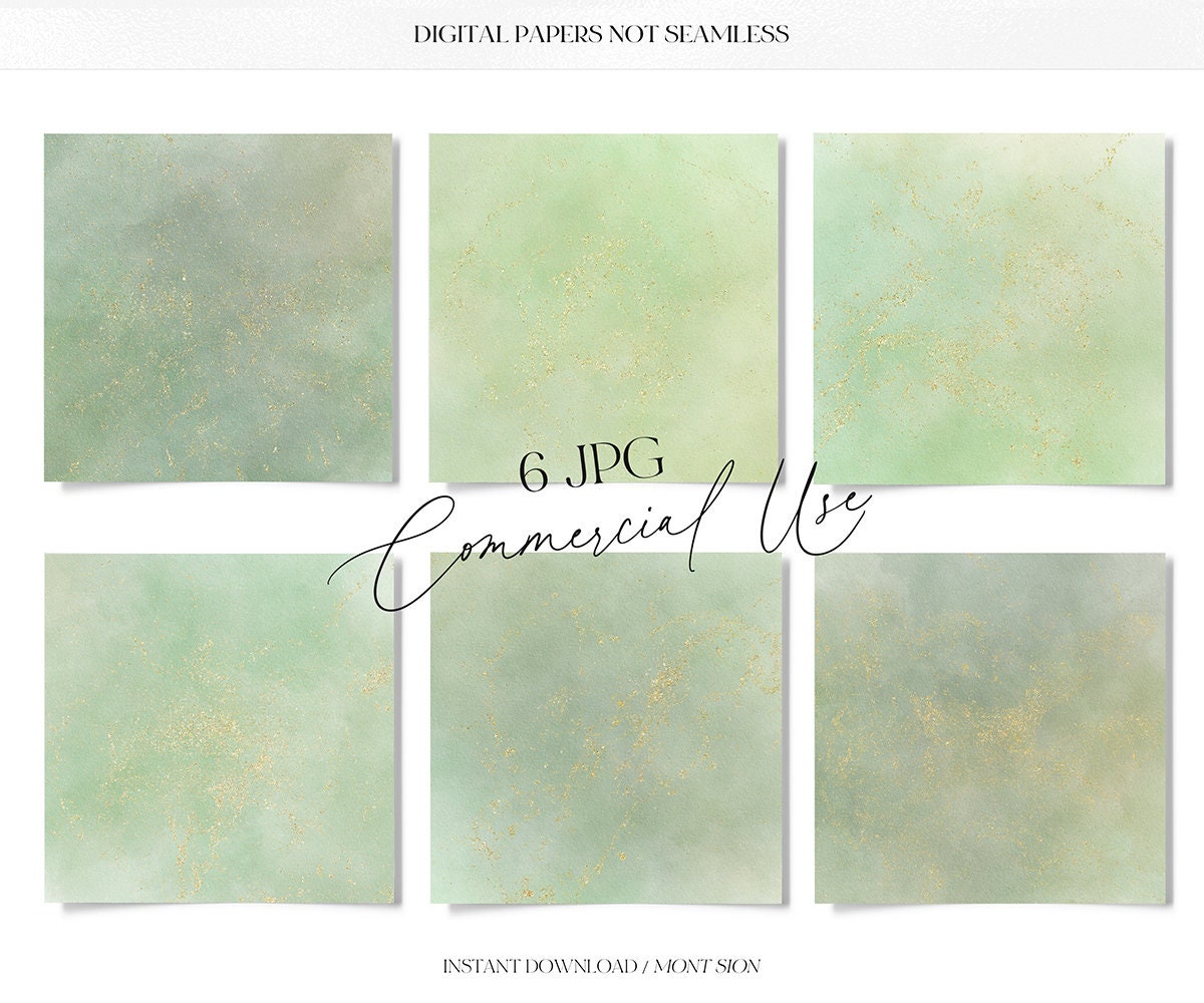 Green Watercolor Digital Paper, Green and Gold Glitter Background, 6 ...