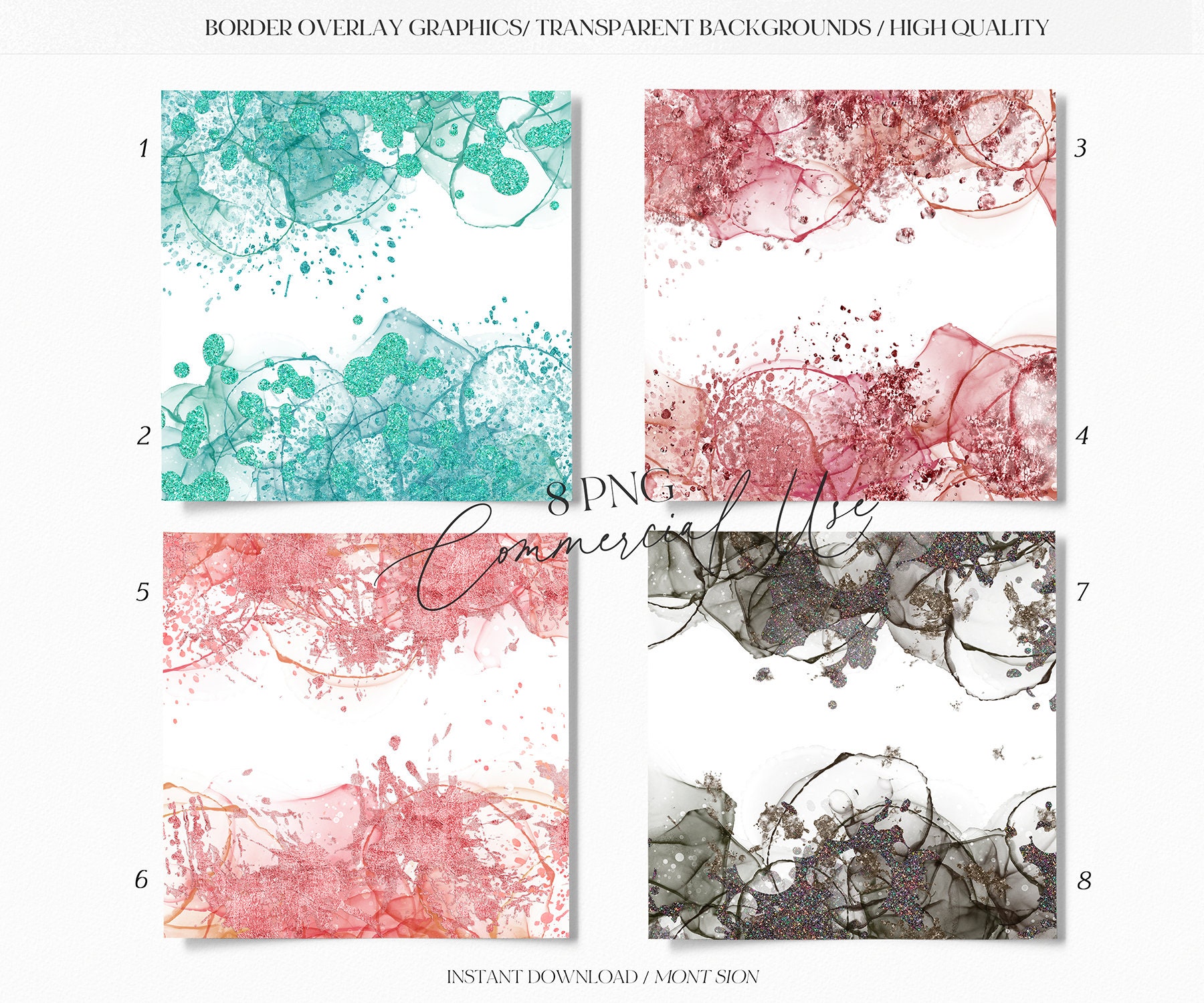 Aesthetic Borders Clip Art Set, Glitter Splash Border, 8 PNG/4 JPG ...