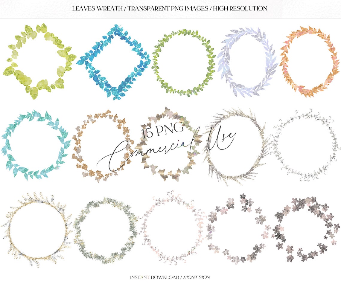 Leaves Wreath Clip Art Set, Floral Frame/glitter/logo PNG, Transparent ...