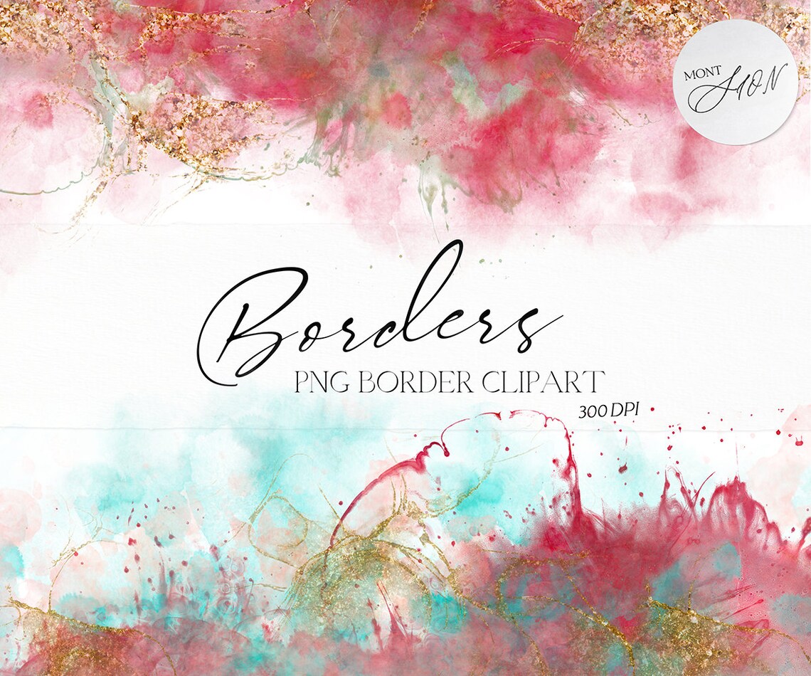 Alcohol Ink Borders Clip Art Set, Pink/red/mint/gold/aesthetic Clipart ...