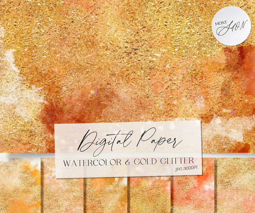 Watercolor Gold Glitter Digital Paper, Orange/gold Background, 6 JPG ...