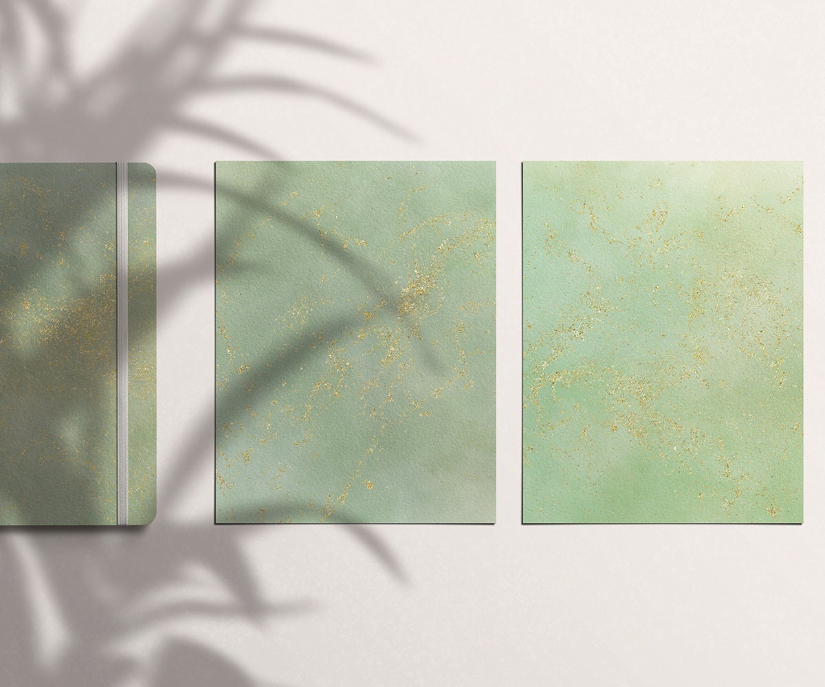 Green Watercolor Digital Paper, Green and Gold Glitter Background, 6 ...