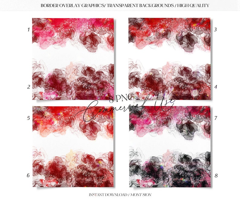 Alcohol Ink Borders Clip Art Set, Red/black/aesthetic Border Clipart, 8 ...
