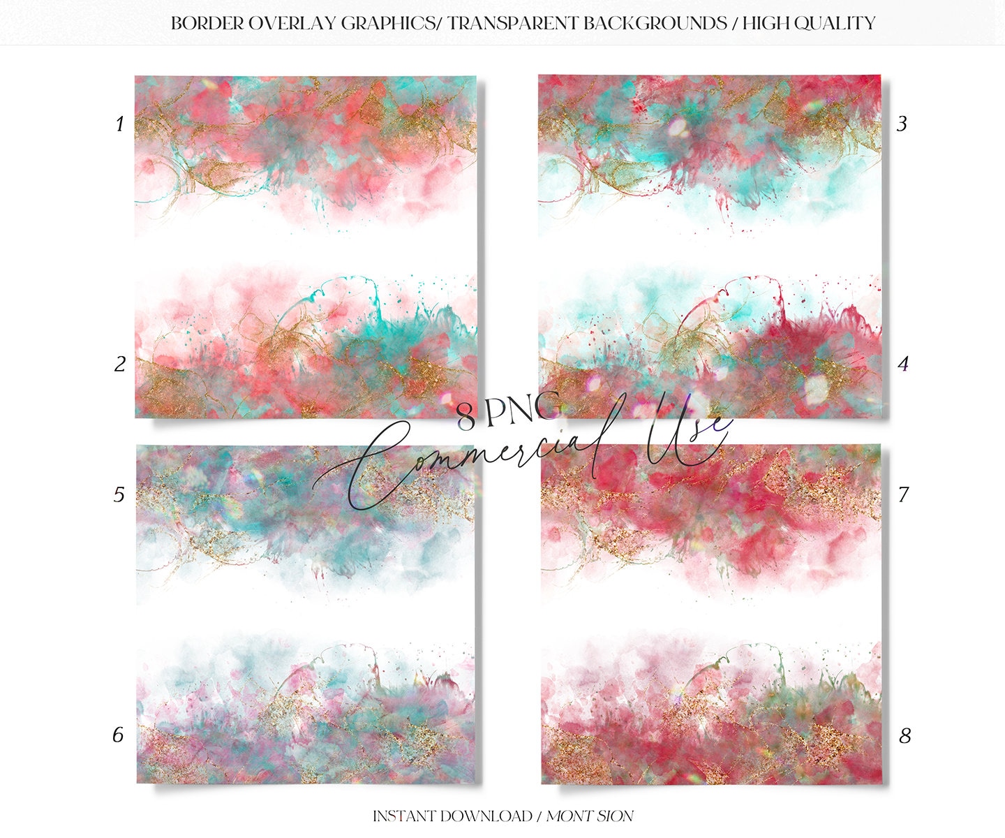 Alcohol Ink Borders Clip Art Set, Pink/red/mint/gold/aesthetic Clipart ...