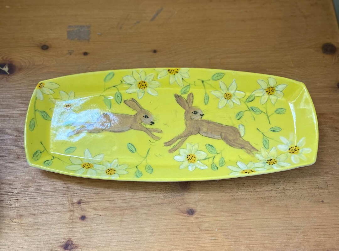 Rabbit Platter, Flower Platter, Ceramic Dish, Hand Painted Dish ...