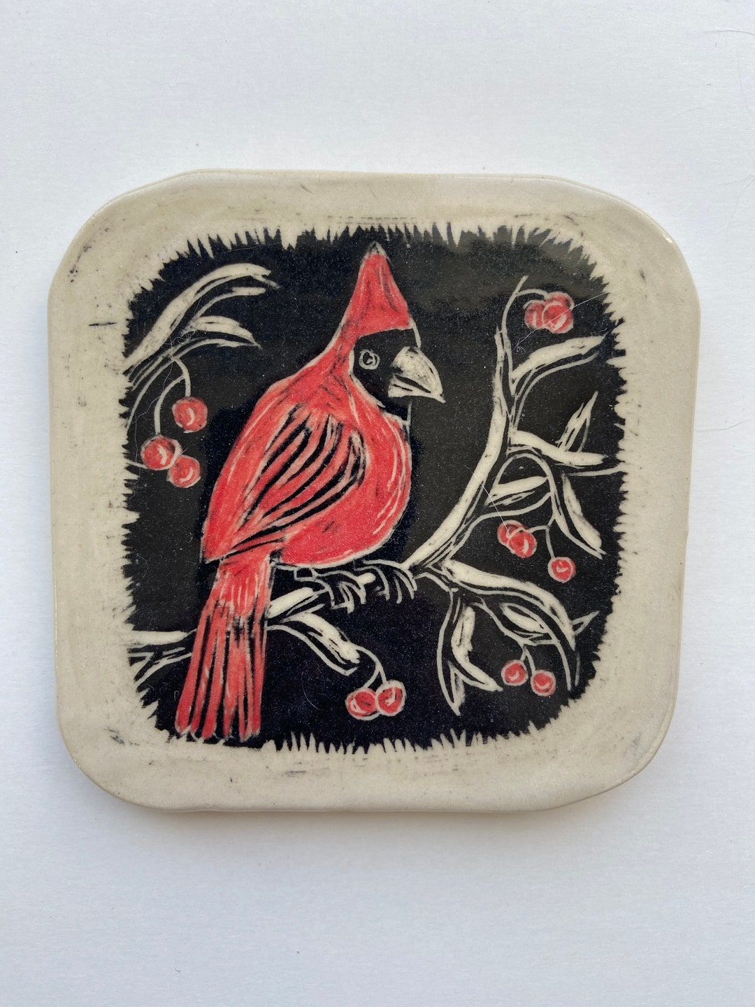 Red Cardinal Coaster, Sgraffito Pottery, Woodland Gift, Cardinal Bird ...