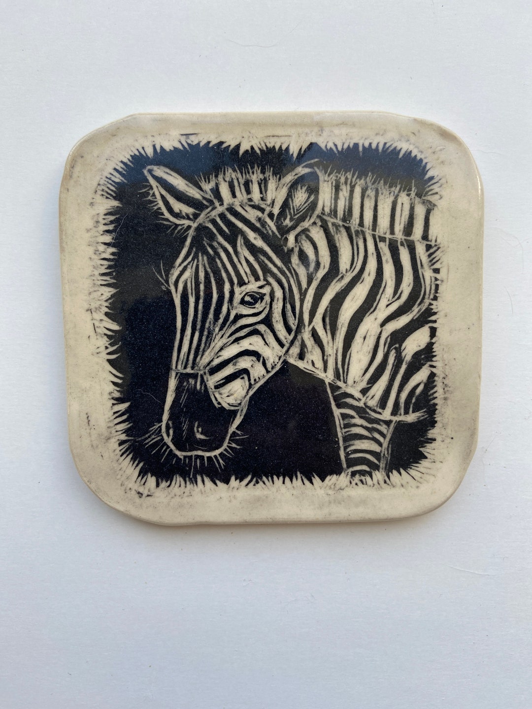 Zebra Coaster, Sgraffito Pottery, Woodland Gift, Zebra Art Coaster, Tea ...