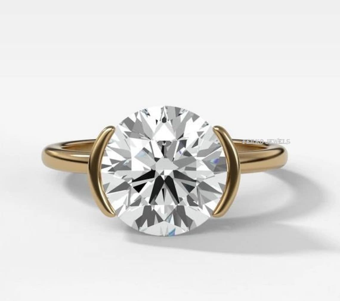 Round Cut Half Bezel Solitaire Engagement Ring/bezel Set Moissanite ...