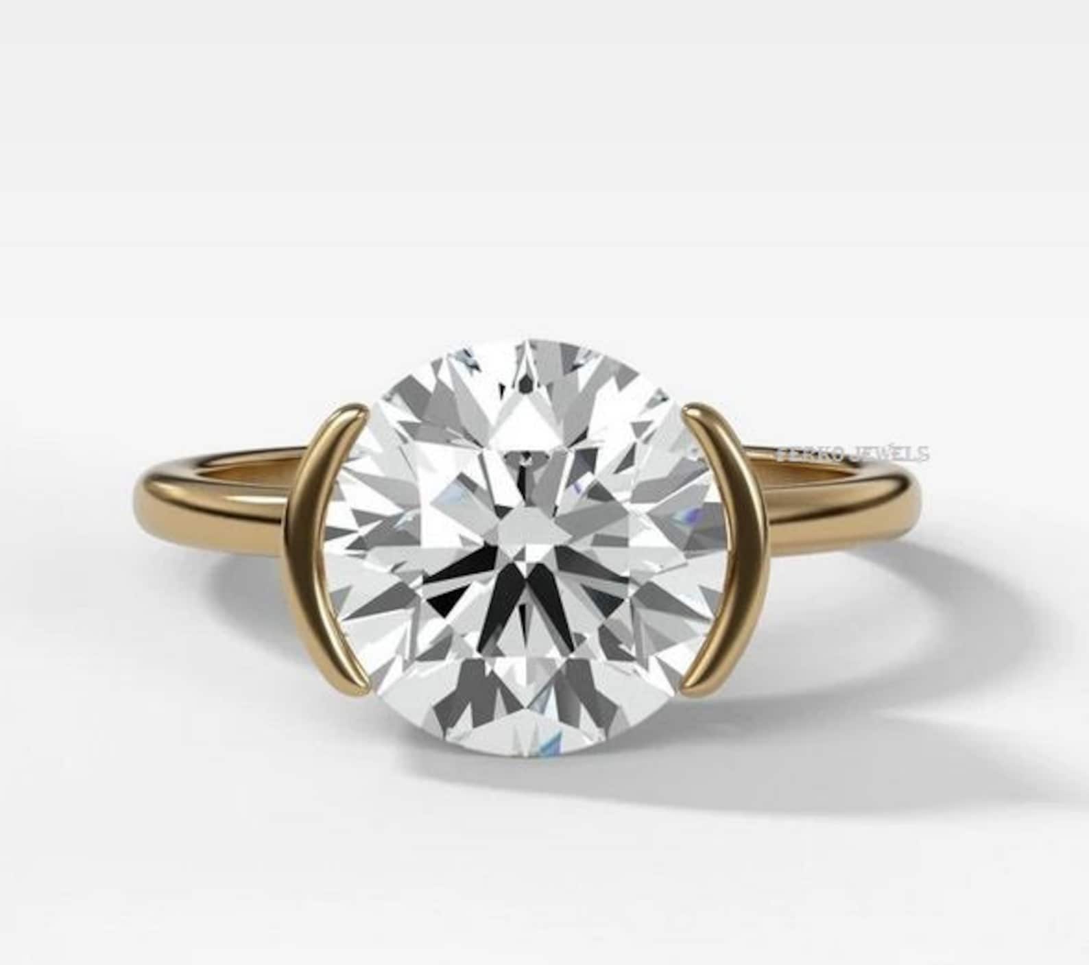 Round Cut Half Bezel Solitaire Engagement Ring/bezel Set Moissanite ...