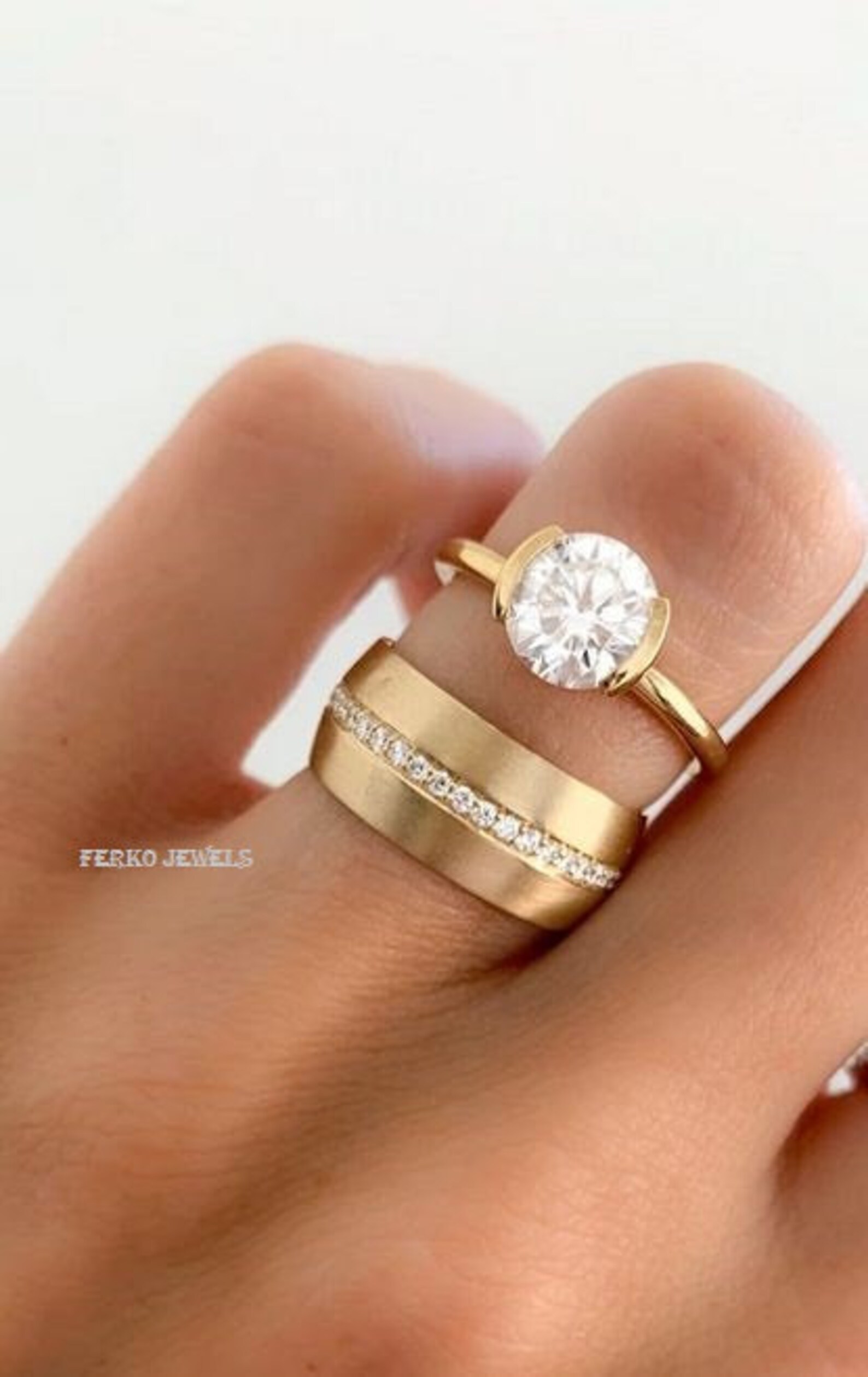 Round Cut Half Bezel Solitaire Engagement Ring/bezel Set Moissanite ...