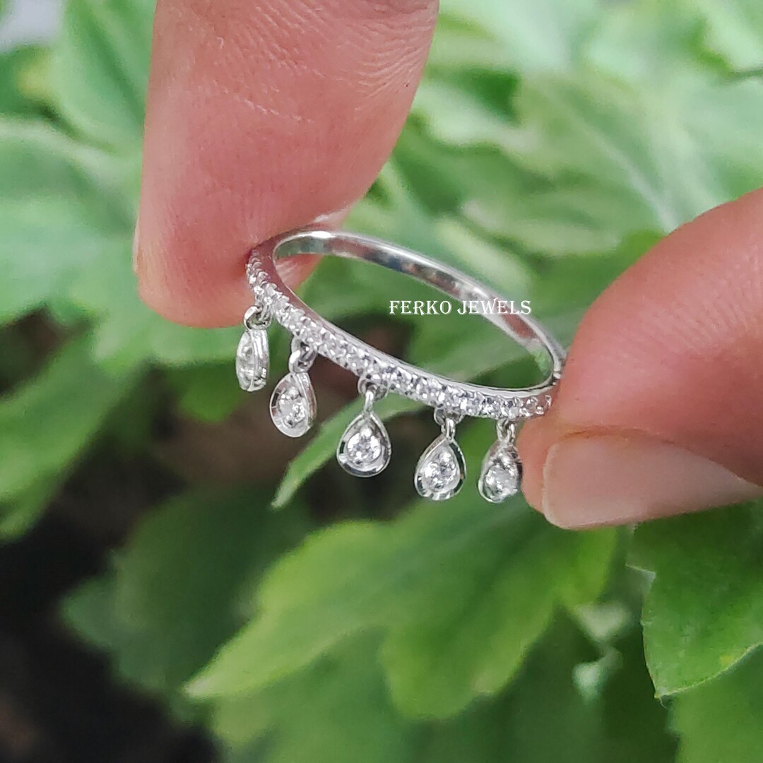 Diamond Drop Ring / Round Cut Moissanite Engagement Ring / Dangling ...