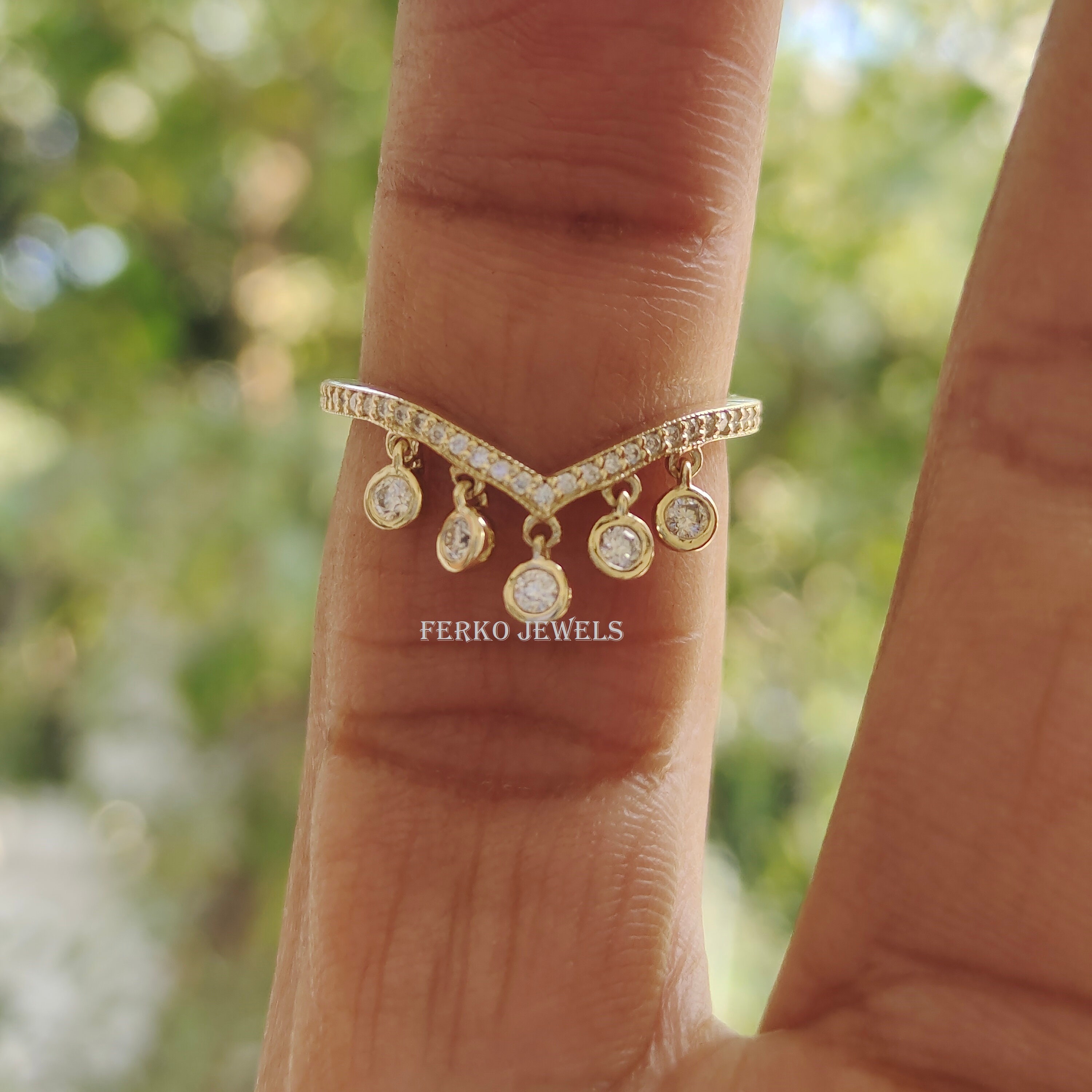 Round Cut Diamond Dangle Ring/hanging Moissanite Ring/bridal V Shape ...