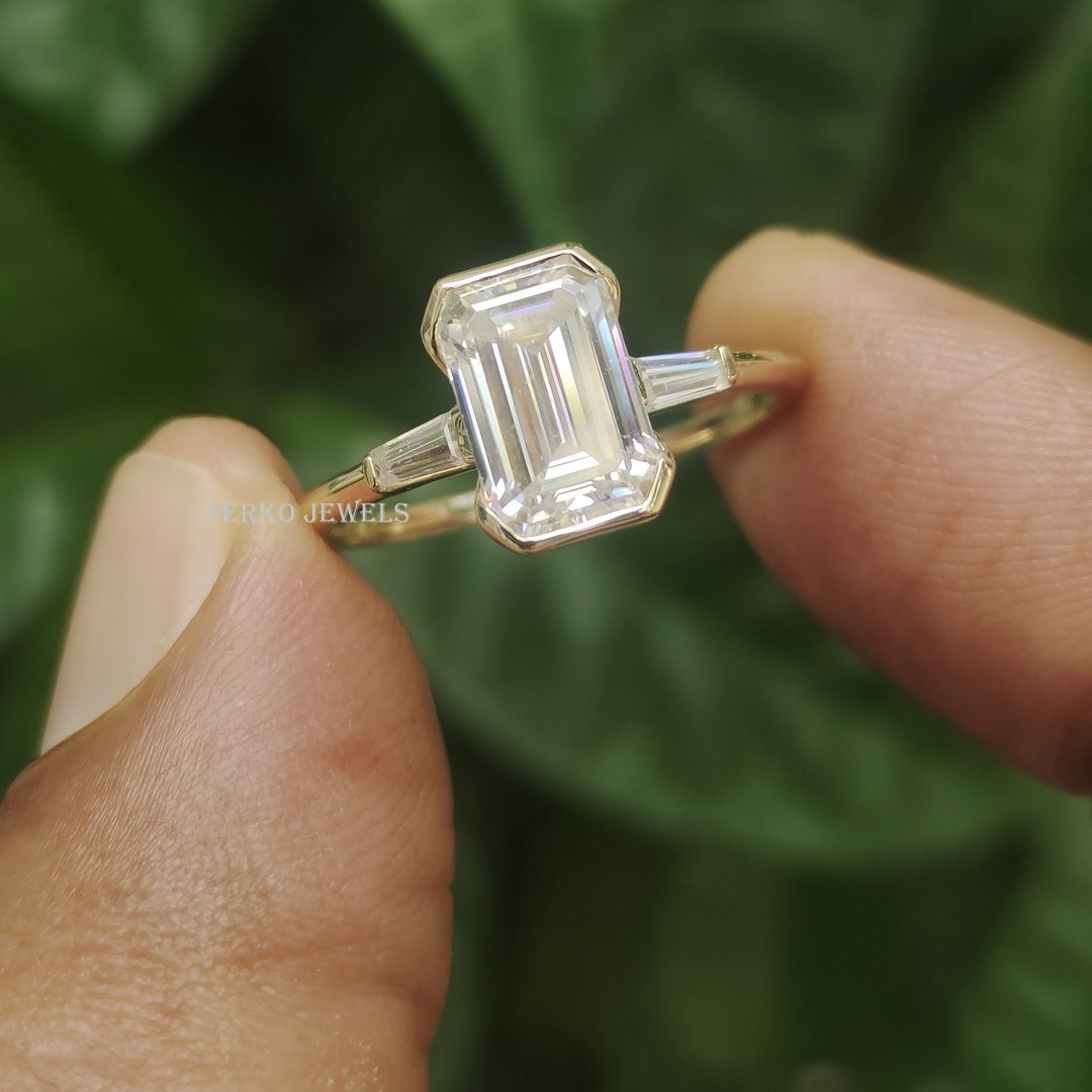 Emerald Cut Half Bezel Set Ring/moissanite Engagement Ring/solitaire ...