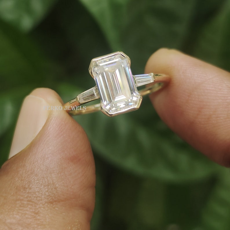 Emerald Cut Half Bezel Set Ring/moissanite Engagement - Etsy