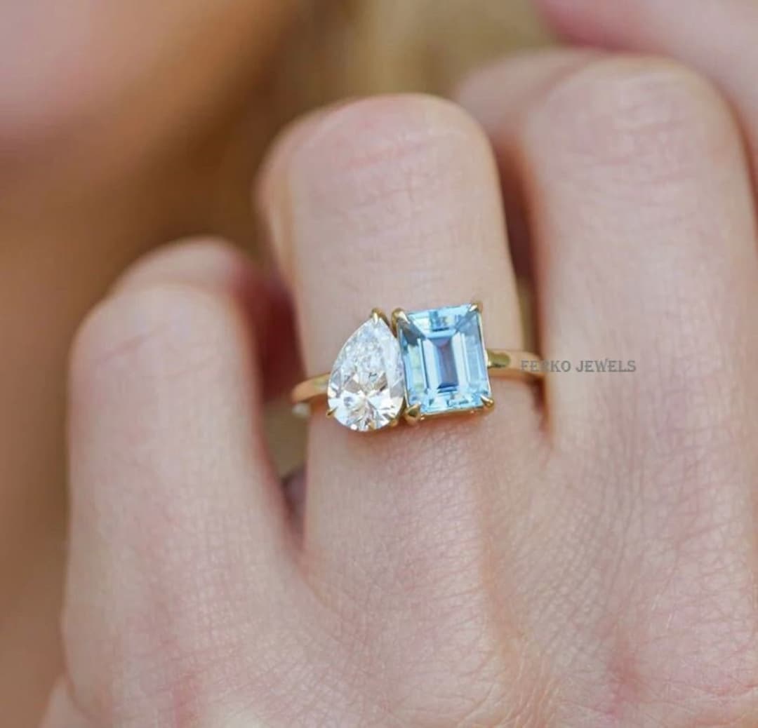 Pear Cut Moissanite Toi Et Moi Ring/aquamarine and Moissanite Two Stone ...
