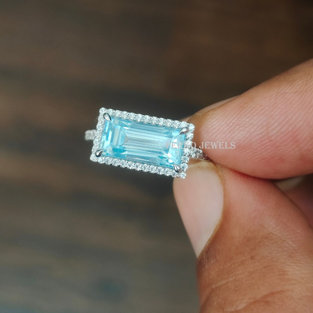 East West Emerald Cut Colored Stone Ring/east West Aquamarine Halo Ring ...