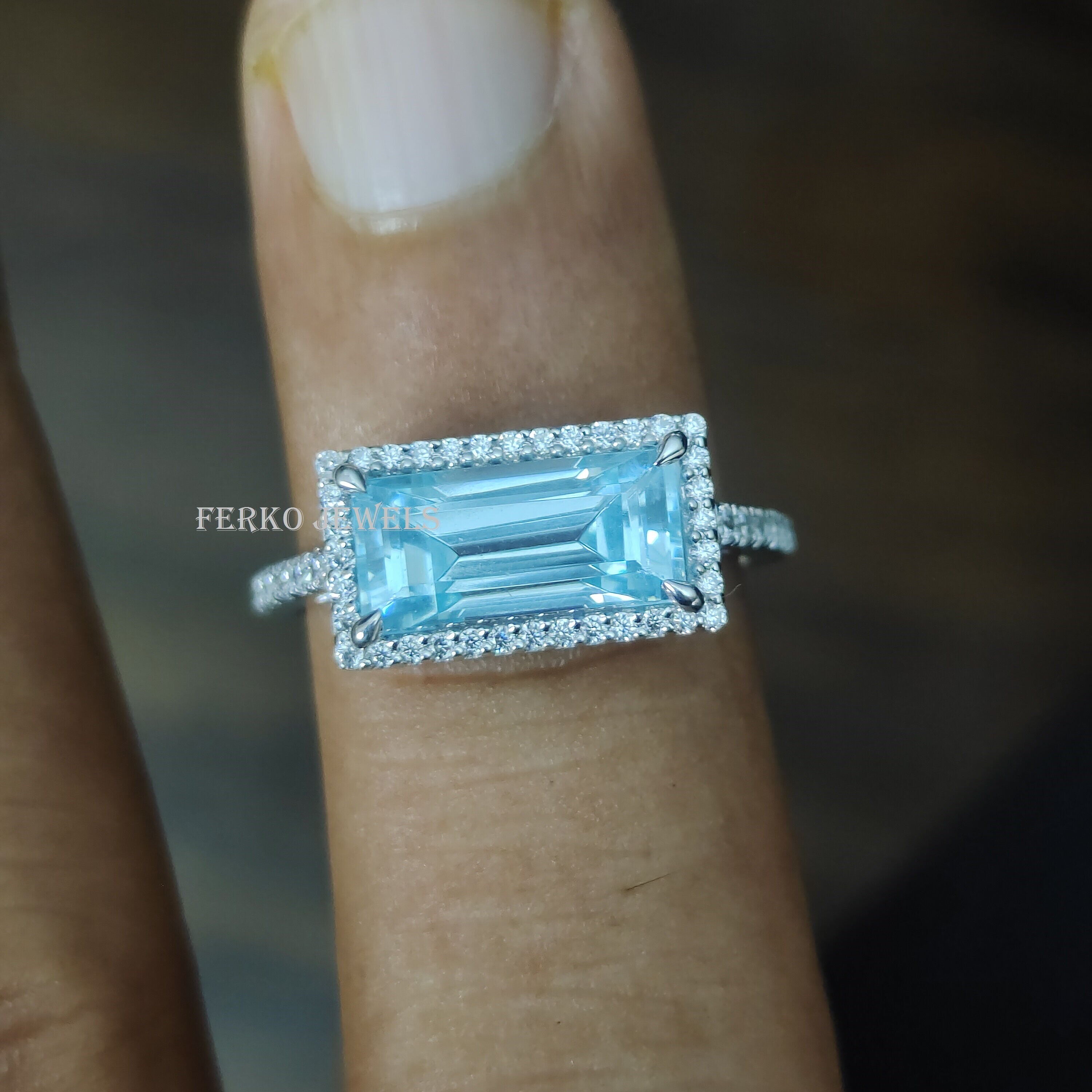 East West Emerald Cut Colored Stone Ring/east West Aquamarine Halo Ring ...