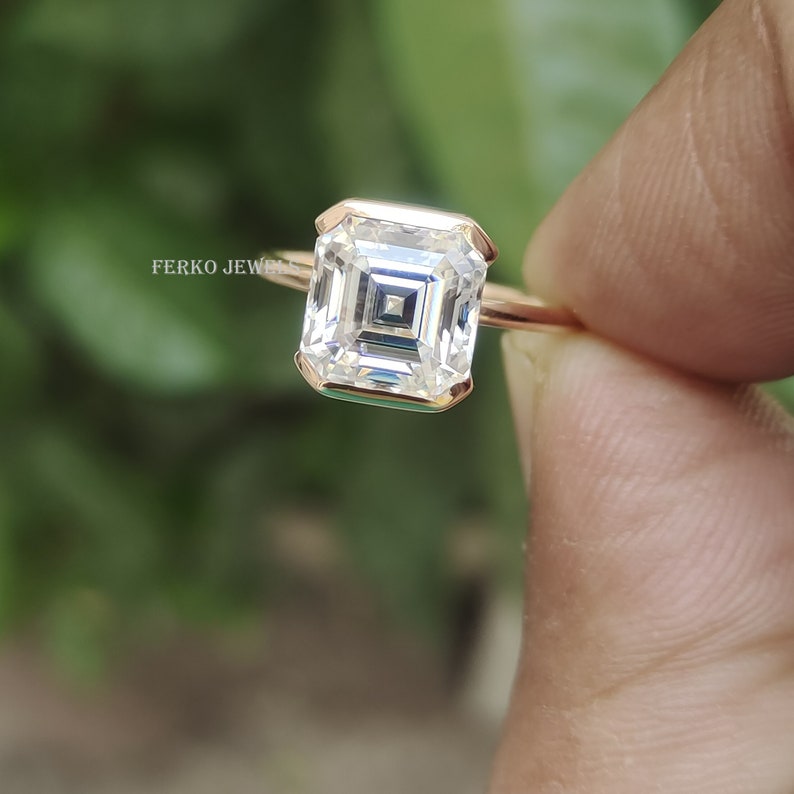 Asscher Cut Half Bezel Set Ring/moissanite Engagement Ring/14k Yellow ...