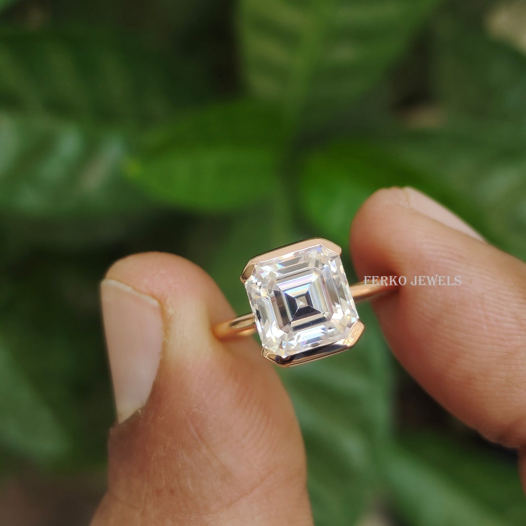 Asscher Cut Half Bezel Set Ring/moissanite Engagement Ring/14k Yellow ...