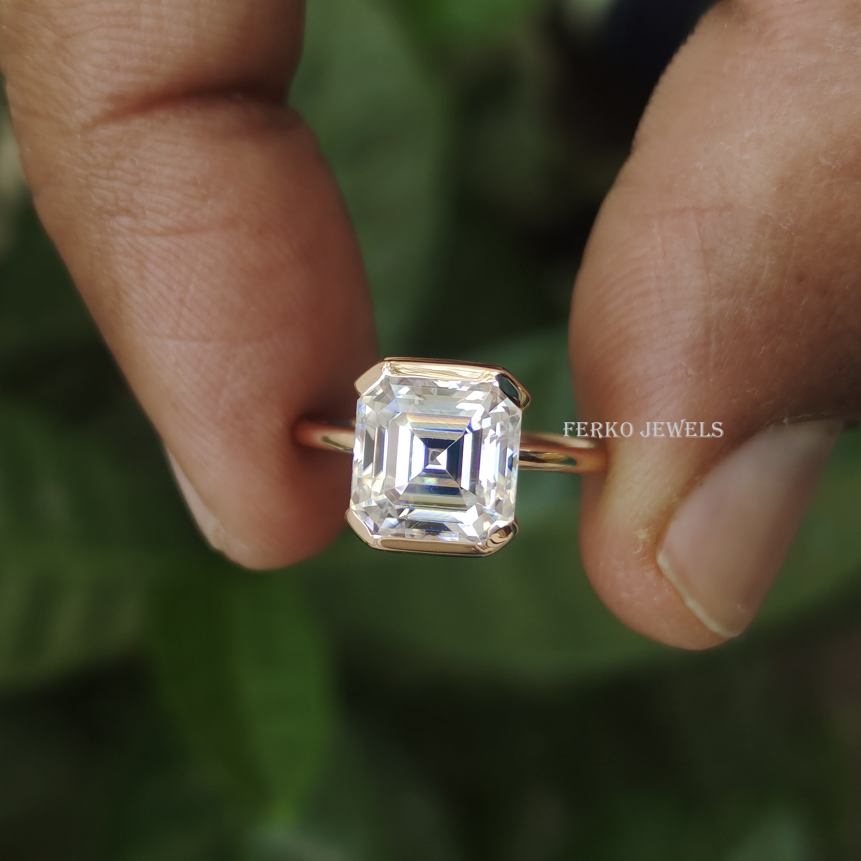 Asscher Cut Half Bezel Set Ring/moissanite Engagement Ring/14k Yellow ...