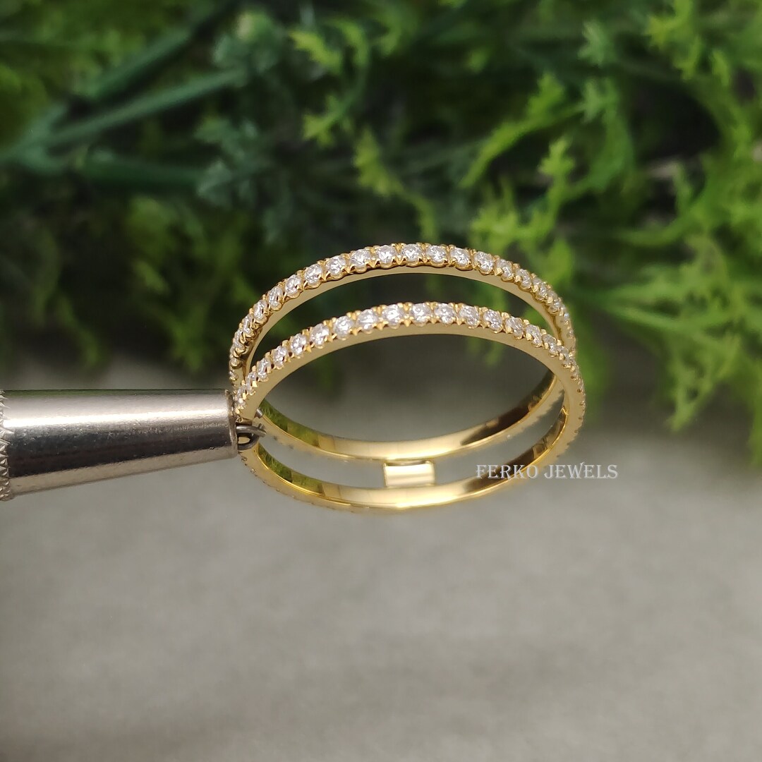 Two Row Diamond Band/double Band Wedding Ring/14k Yellow Gold Two Band ...