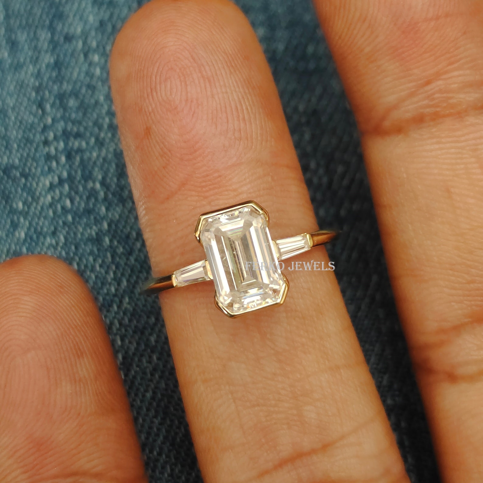 Emerald Cut Half Bezel Set Ring/moissanite Engagement - Etsy