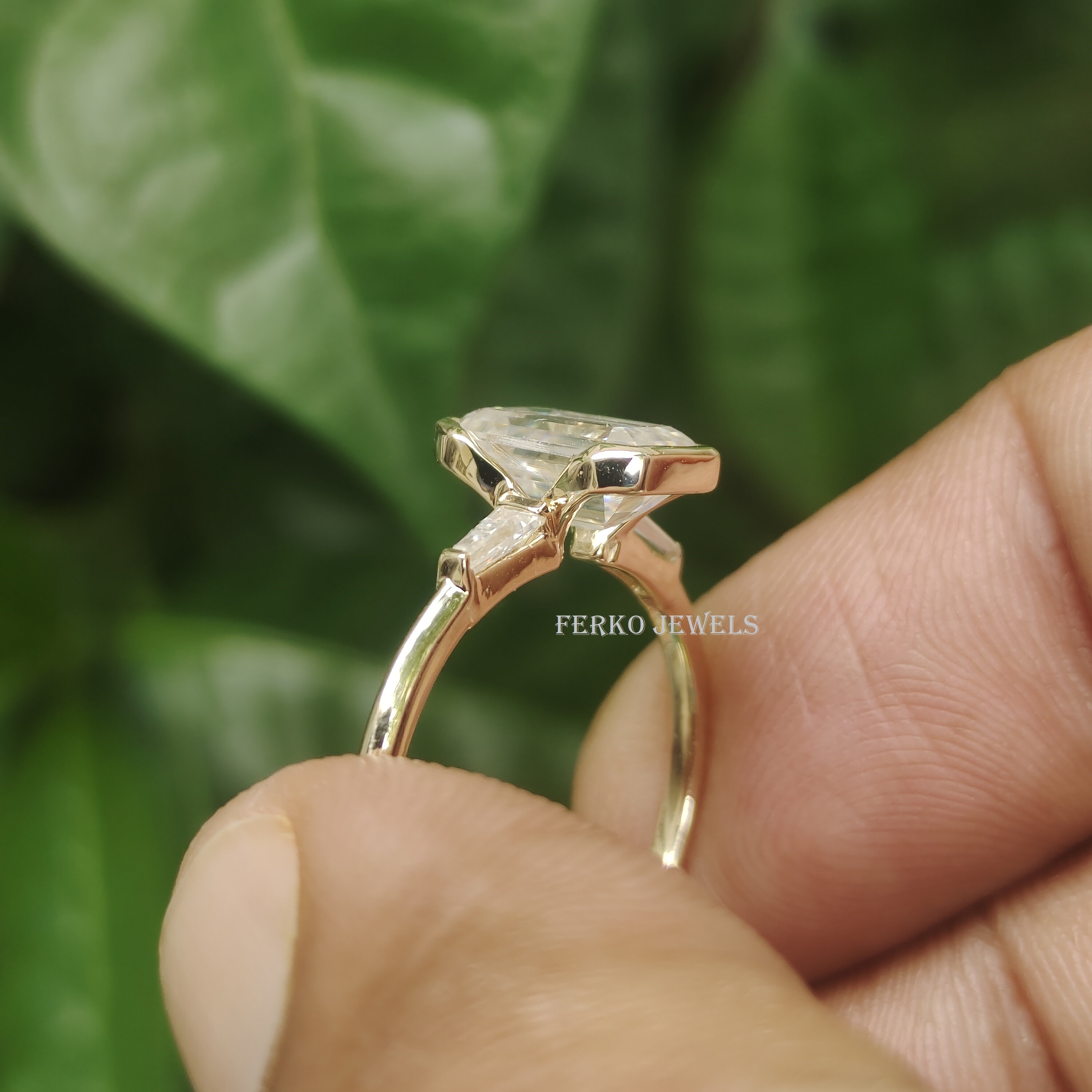 Emerald Cut Half Bezel Set Ring/moissanite Engagement - Etsy