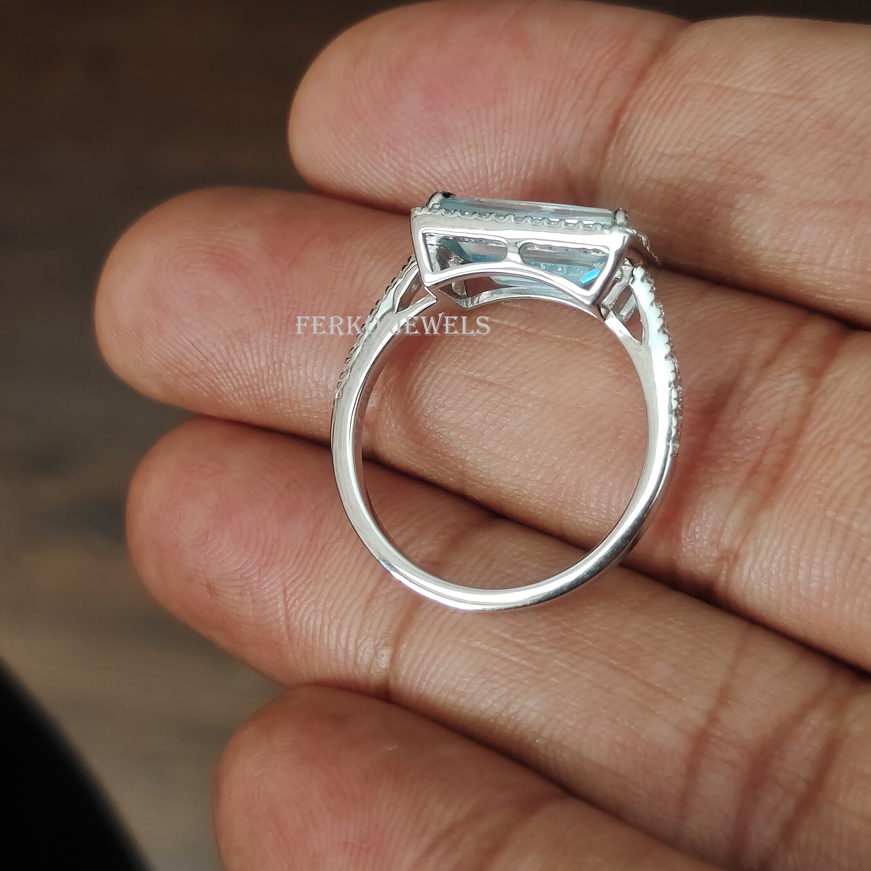 East West Emerald Cut Colored Stone Ring/east West Aquamarine Halo Ring ...