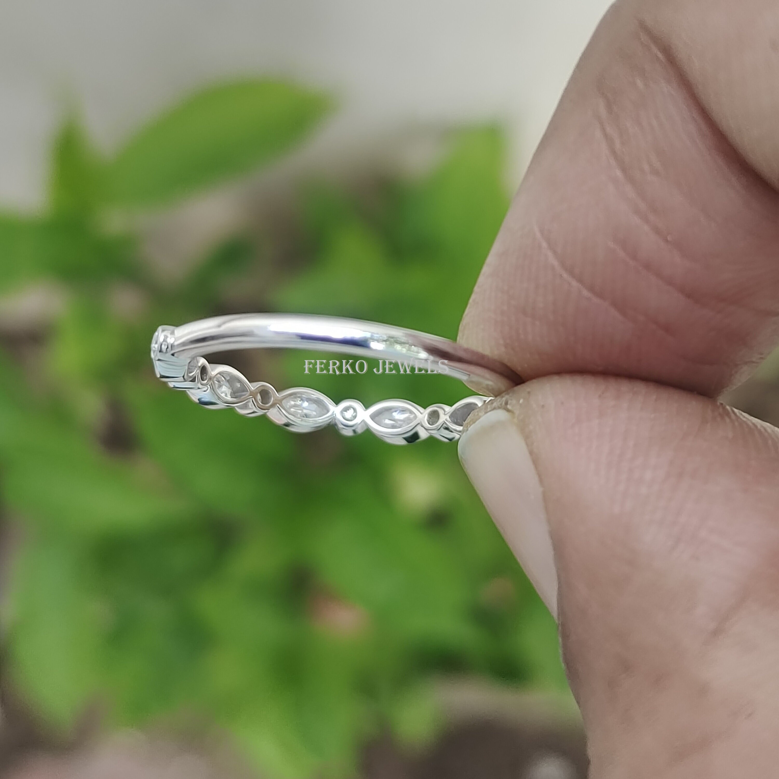 Marquise Cut Bezel Moissanite Wedding Band/14k Gold Unique Stacking ...