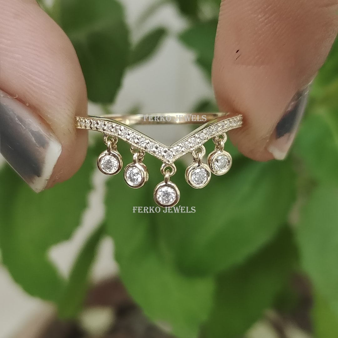 Round Cut Diamond Dangle Ring/hanging Moissanite Ring/bridal V Shape ...