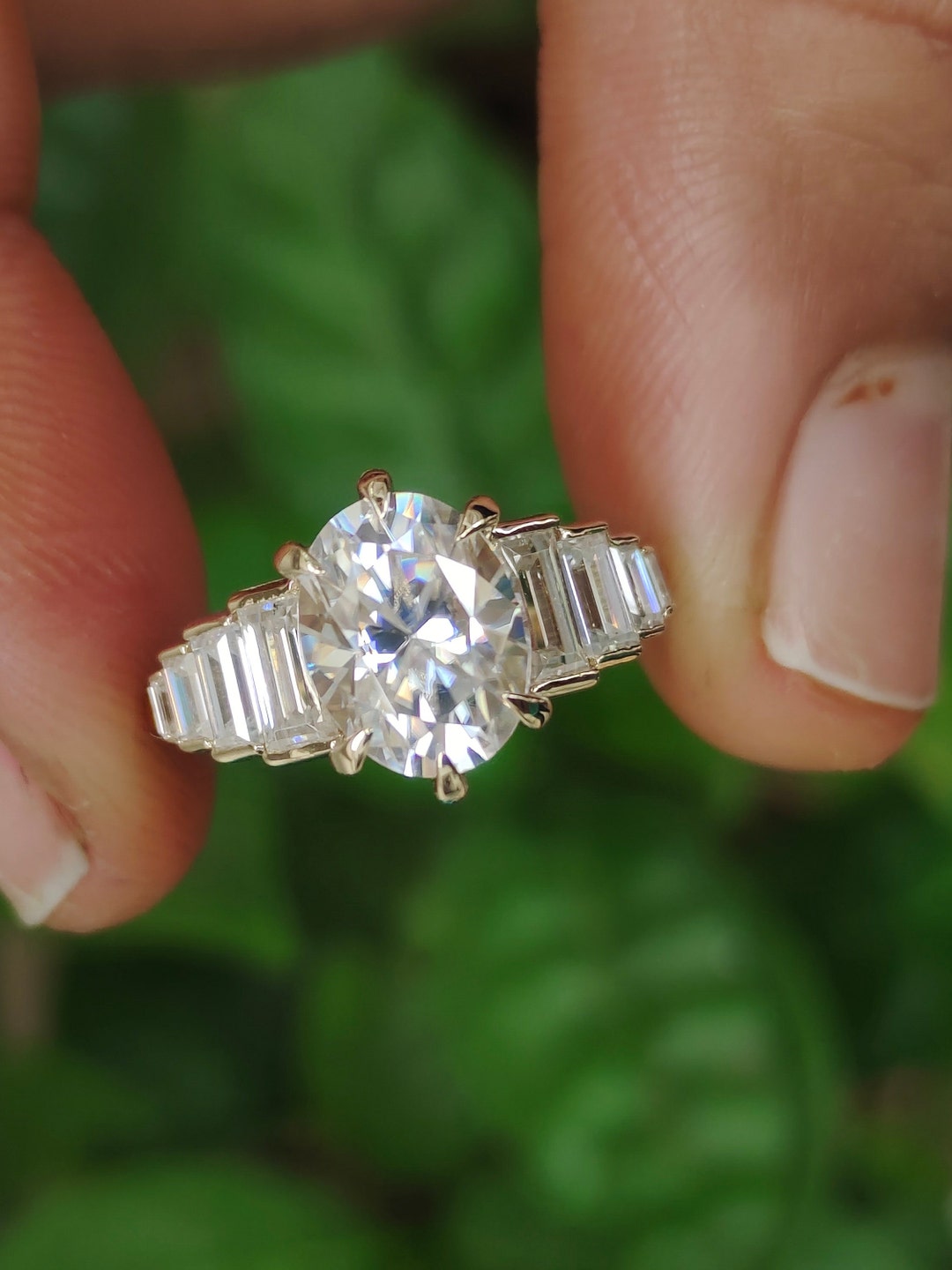 Oval and Baguette Cut Engagement Ring/art Deco Moissanite Ring/oval Cut ...