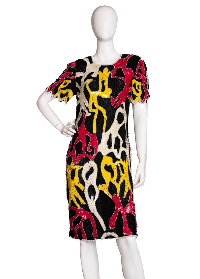 80s Sequin Color Splash Dress M - Etsy