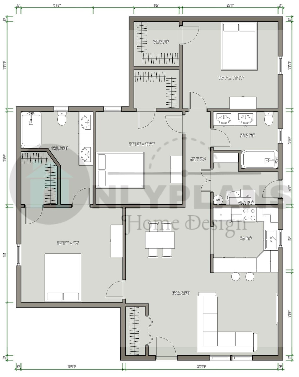 3 BR/2 BA House W/laundry Room 2D Floor Plan (1260.2sqft) - Etsy