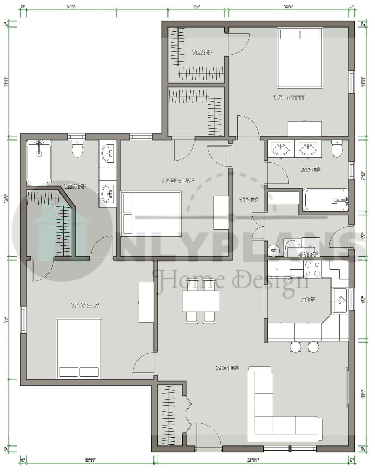 3 BR/2 BA House W/laundry Room 2D Floor Plan (1260.2sqft) - Etsy