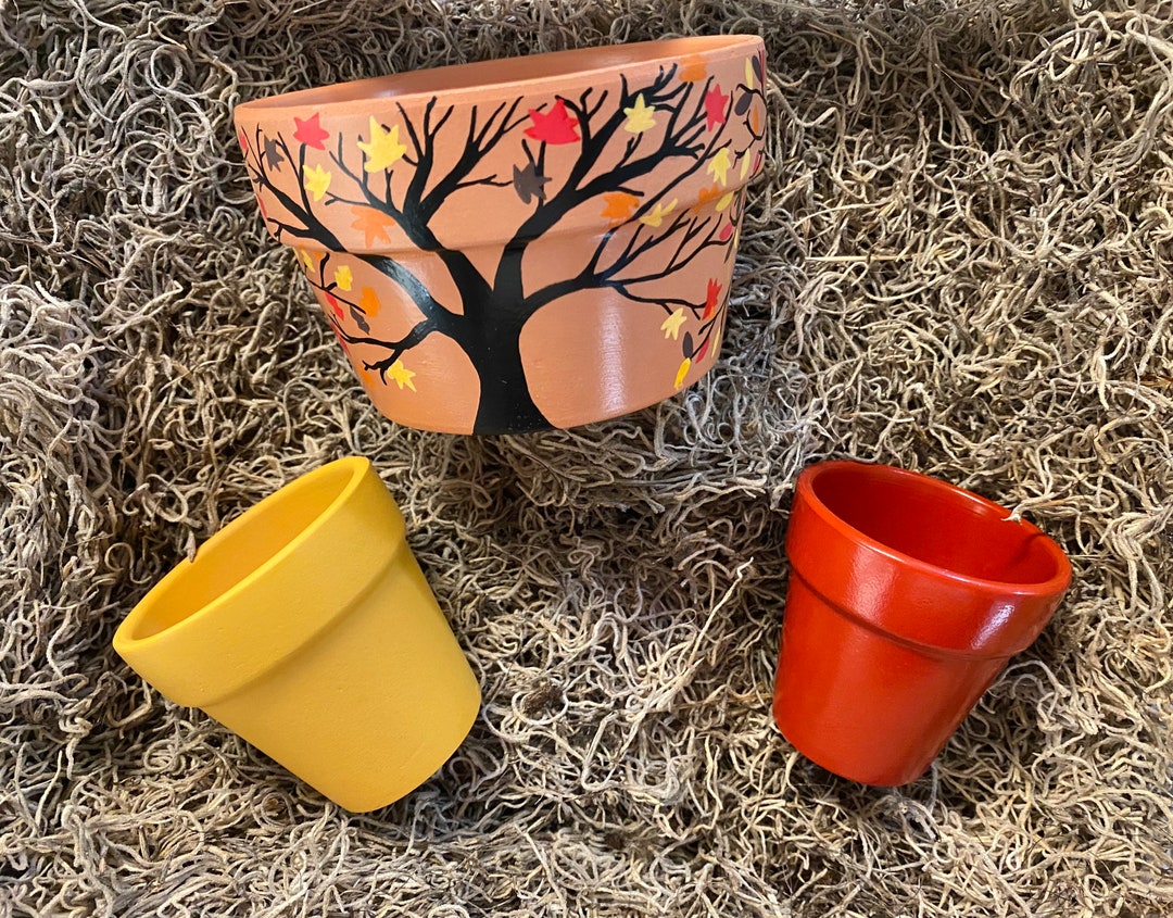 Terracotta Pots Set of 3 2.5 in and 4.5 in Hand Painted Fall Leaves Red ...