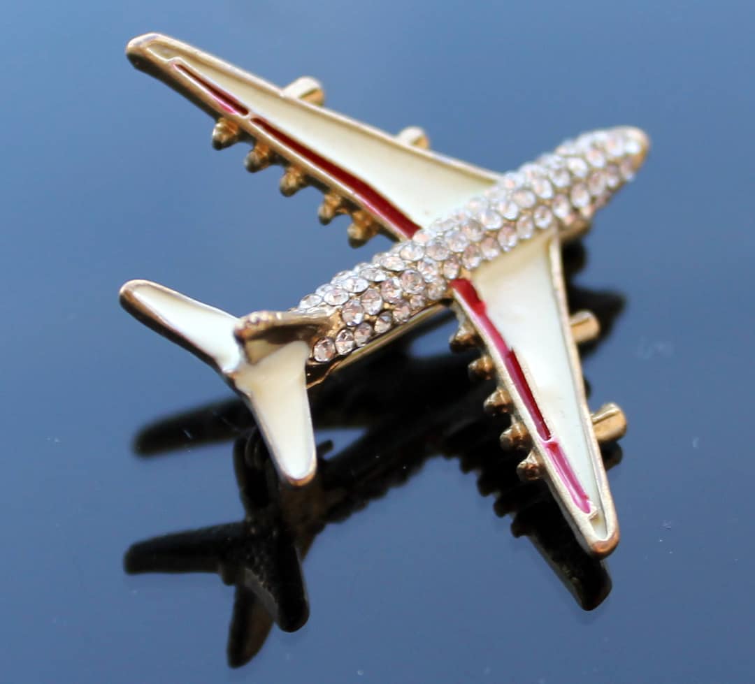 Vintage Rhinestone Airplane Brooch White Red Enamel Stewardess Pin Gold ...