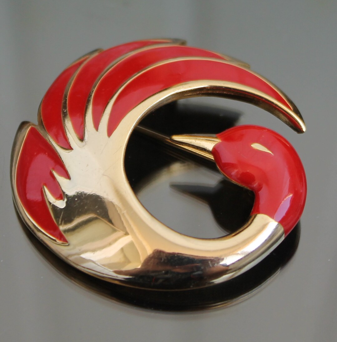 Vintage ORENA Paris Brooch Red Gold Enamel Bird Pin Runway Couture ...