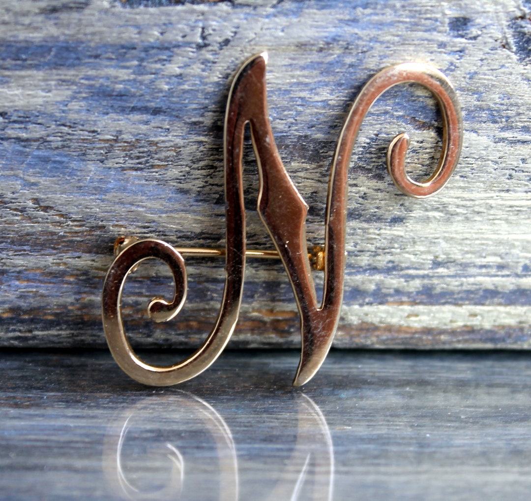 Initial Brooch Vintage Gold Tone Letter N Monogram Costume Jewelry ...