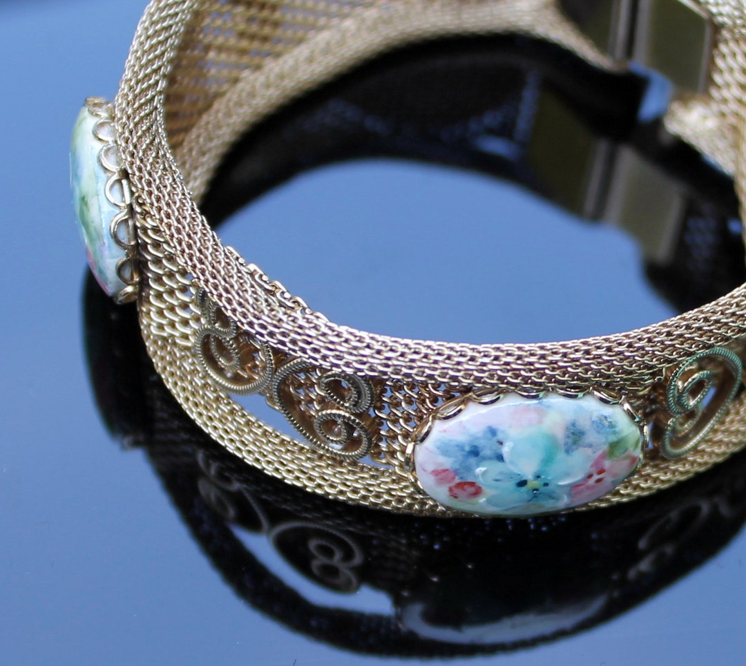Vintage Painted Porcelain Mesh Bracelet Mesh Chain Flat Filigree Bangle ...