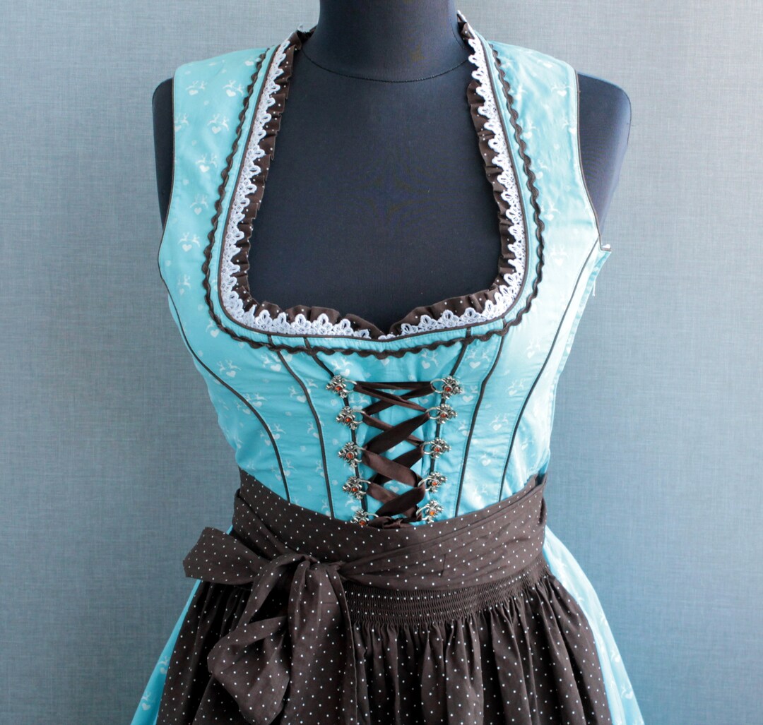 Vintage Blue Brown Dirndl Dress Austrian Size XS-S Cotton Deer Print ...